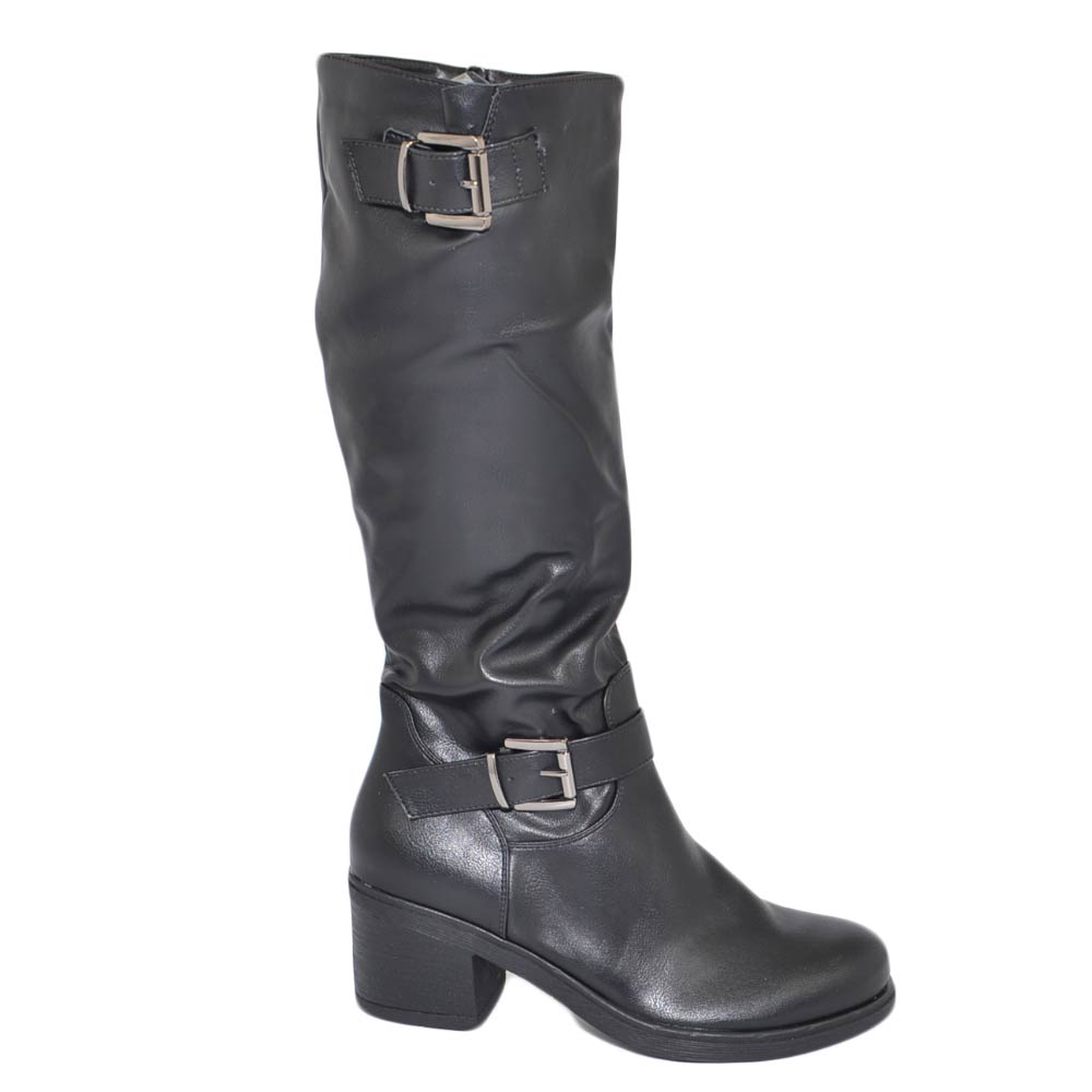 Stivali biker donna neri con fibbie linea basic tacco comodo 5 cm plat ...