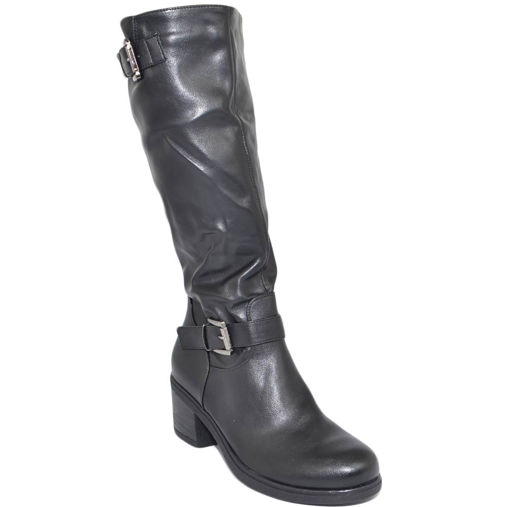 Stivali biker donna neri con fibbie linea basic tacco comodo 5 cm plat ...