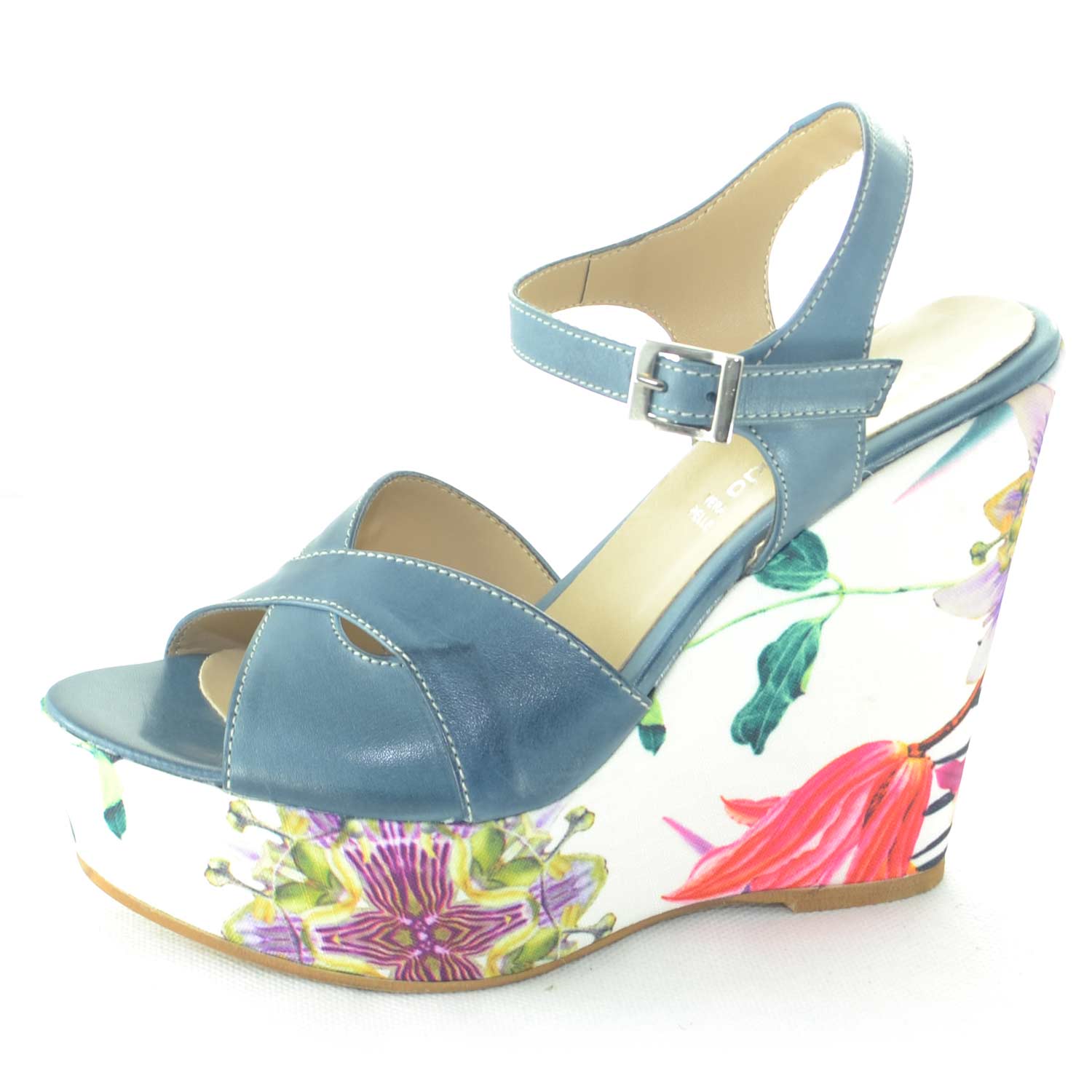 Zeppa donna vera pelle blu bianca sughero glamour comfort donna zeppe ...