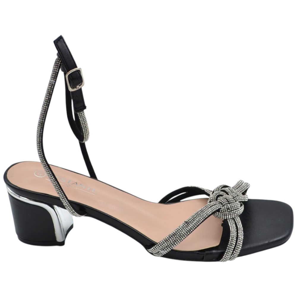 Sandali gioiello donna con tacco basso largo 5 cm con nodo bicolore argento nero comodo elegante ...