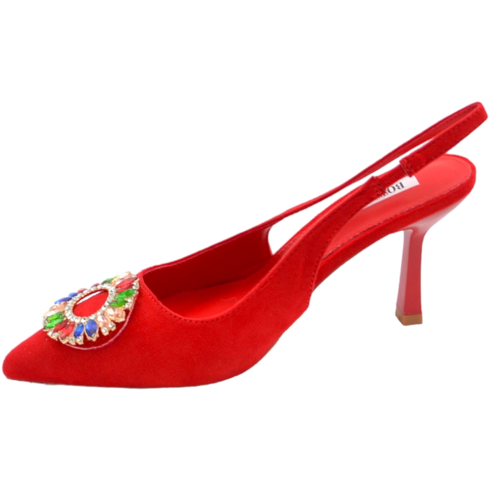 Scarpe Decollete Donna Slingback In Camoscio Rosso Con Accessorio Di