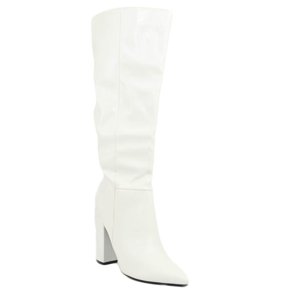 Stivale donna alto rigido in pelle bianco con tacco largo liscio linea ...