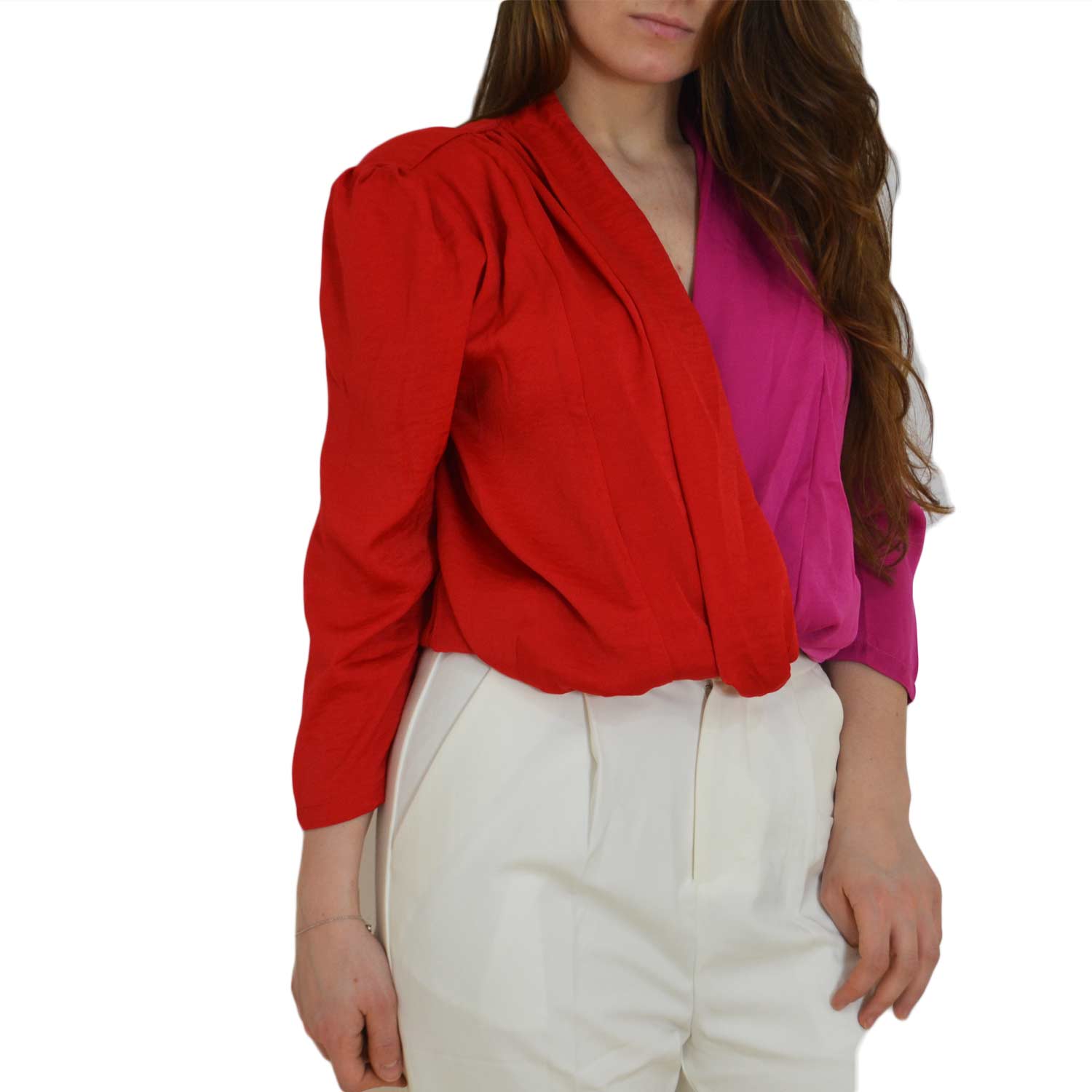 Camicia donna a body bicolore rosso e fucsia con spalline interne annui ...