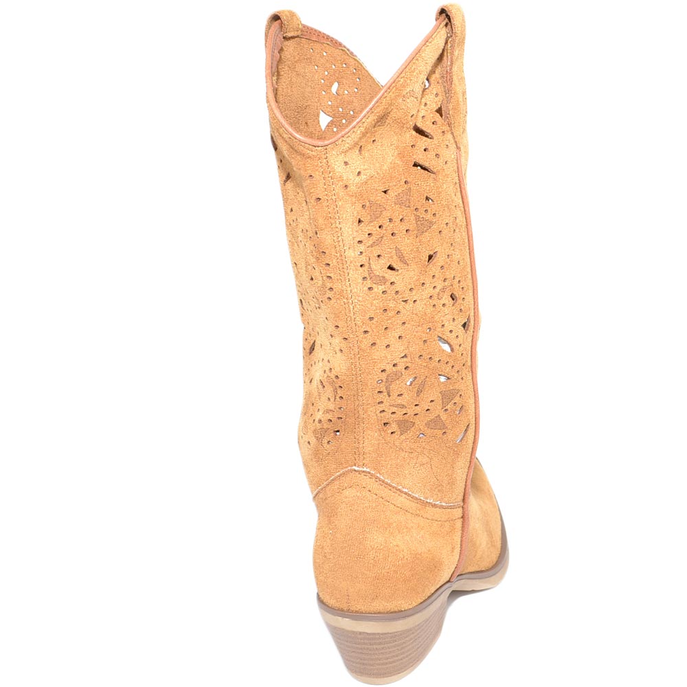 Stivali donna camperos texani stile western cuoio con gambale traforato ...