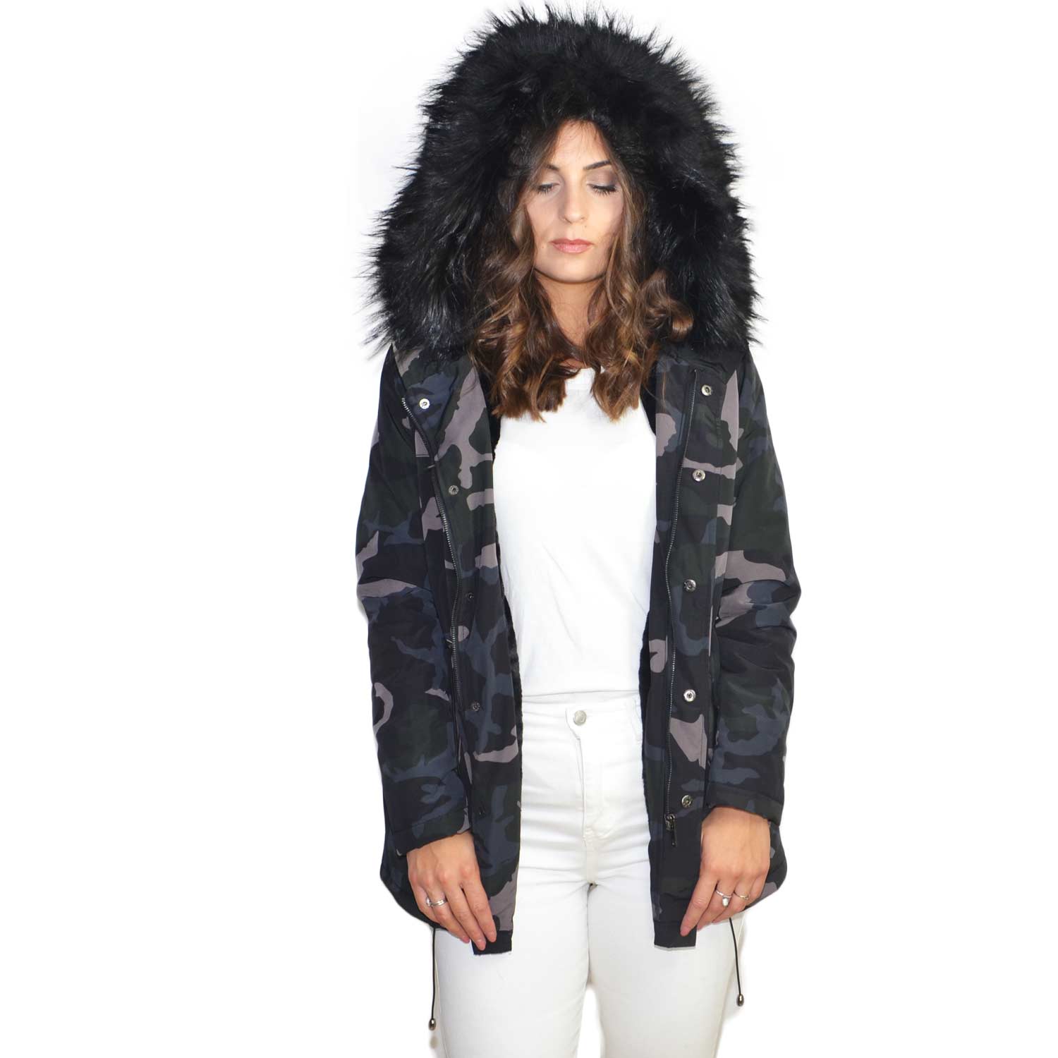 Parka giacca donna invernale impermeabile camouflage con pelliccia nera ...