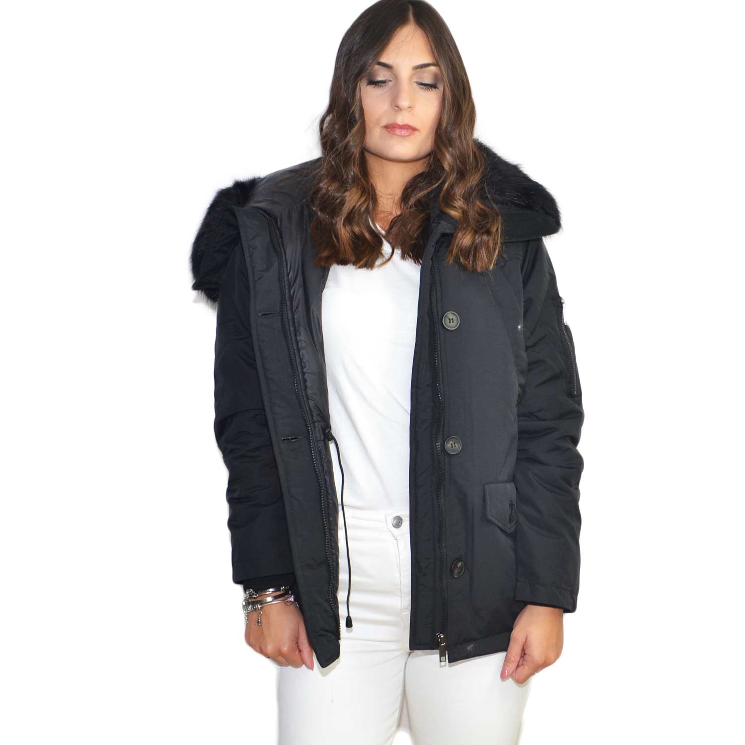 Parka giacca donna invernale piumino nero imbottito bottoni e zip ...