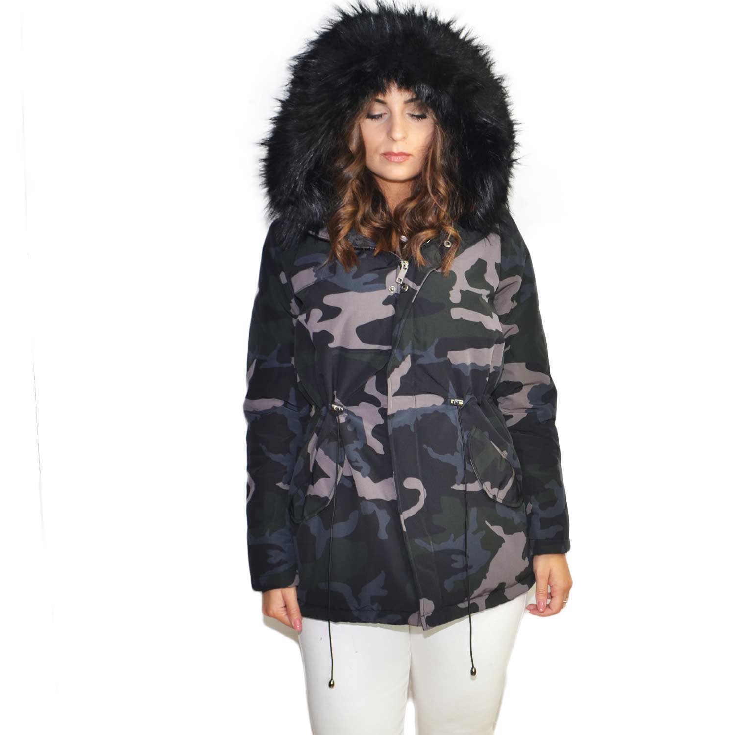 Parka giacca donna invernale impermeabile camouflage con pelliccia nera ...