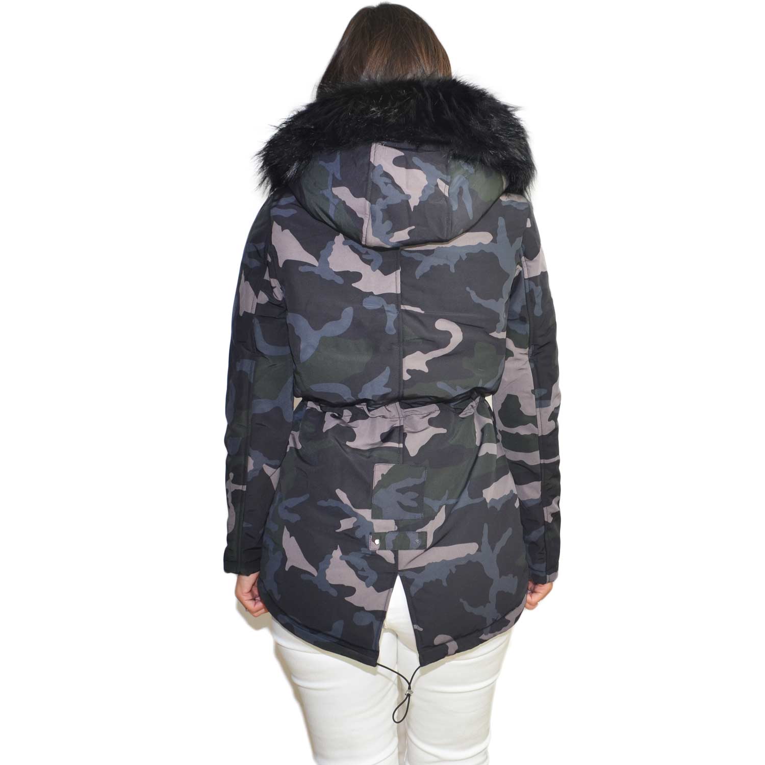 Parka giacca donna invernale impermeabile camouflage con pelliccia nera ...