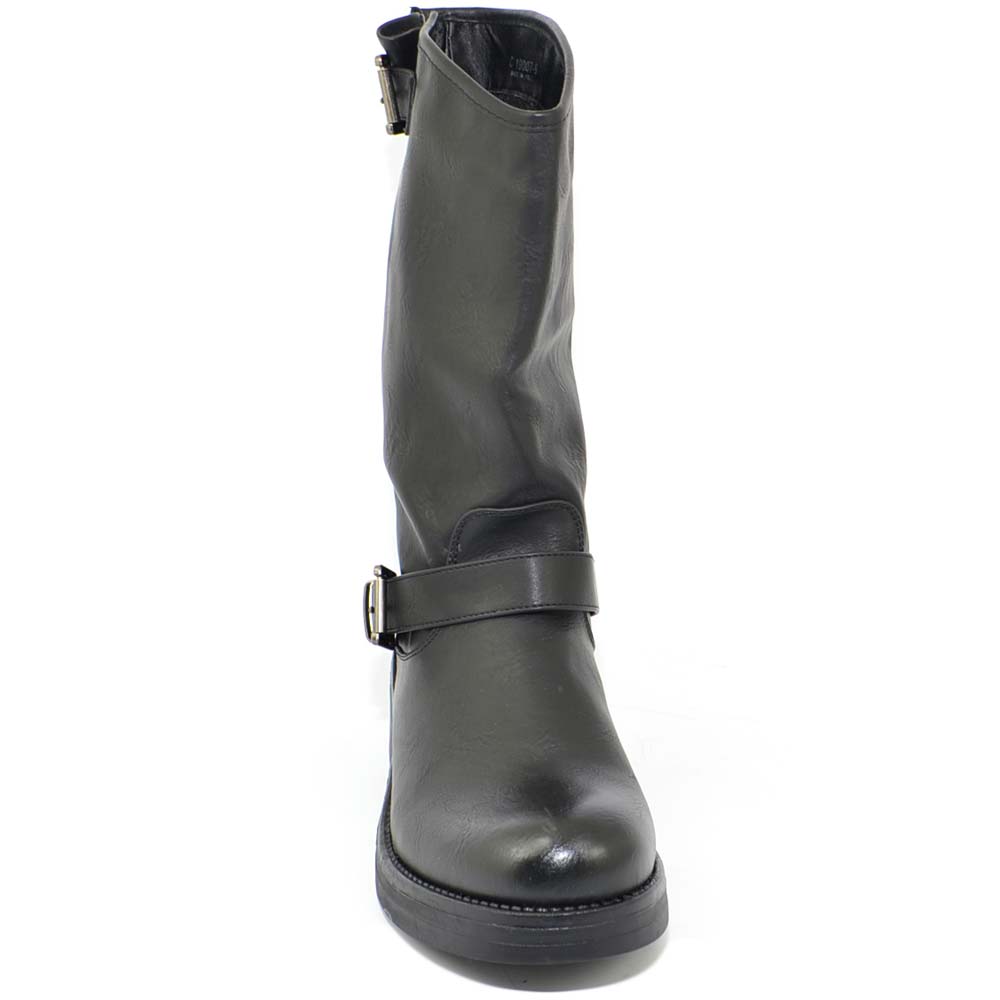 Stivale biker donna nero altezza polpaccio con collo asimmetrico e ...