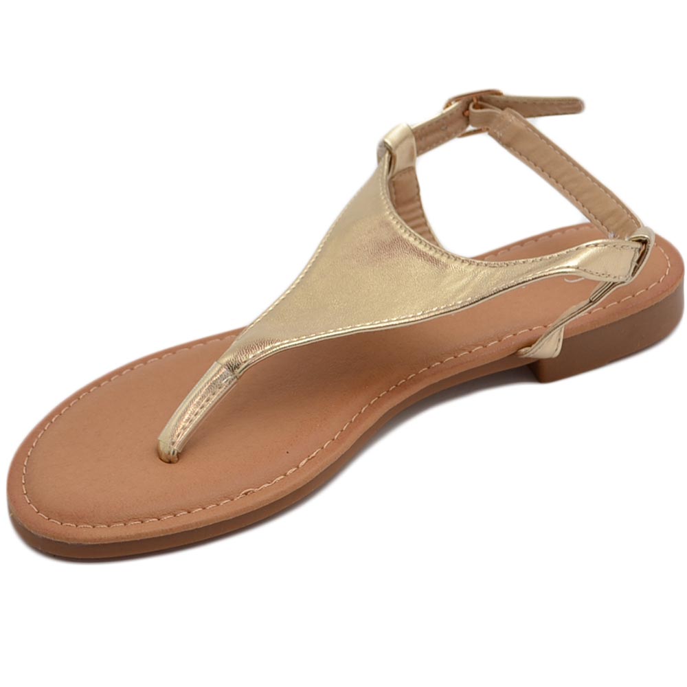 Sandalo basso oro infradito in morbida ecopelle cinturino alla caviglia ...