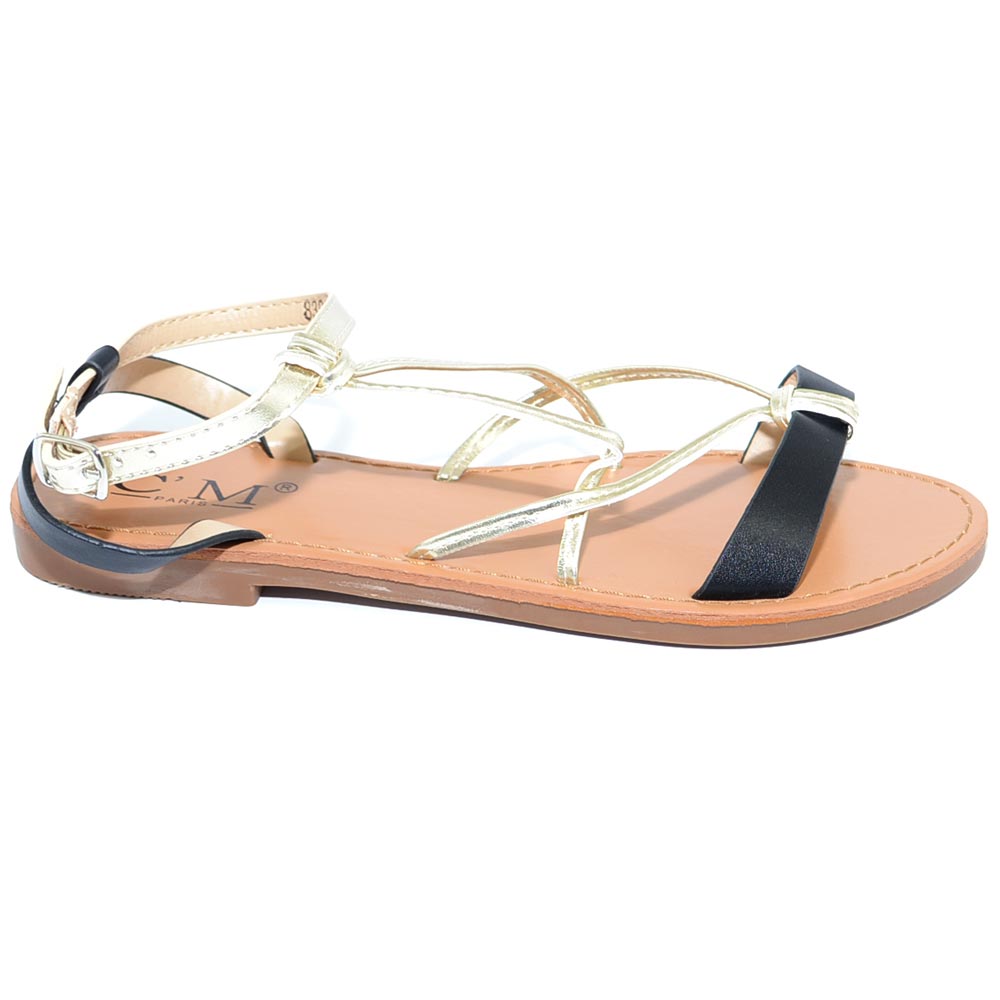 Sandalo basso Positano donna fascetta con intreccio bicolore nero e oro ...