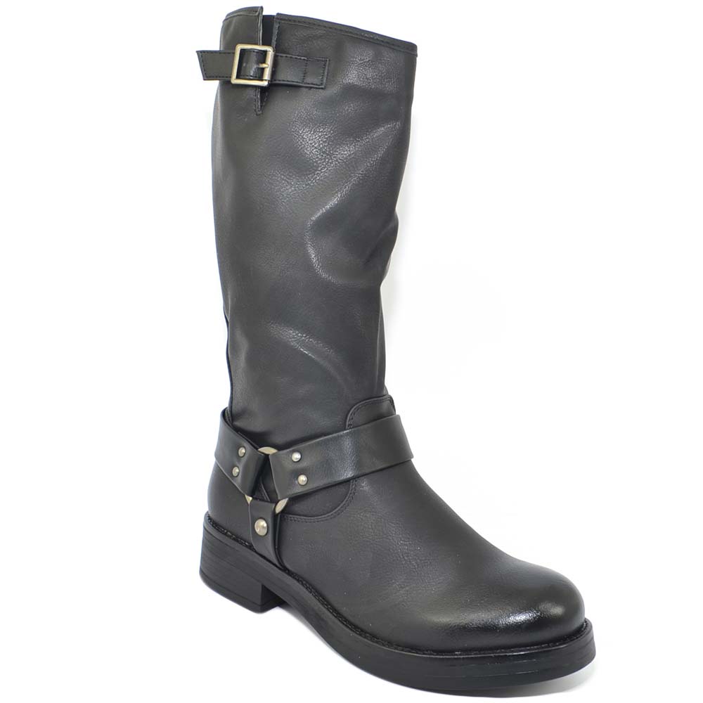 Stivali donna biker neri fibbia linea basic sotto ginocchio aderenti ...