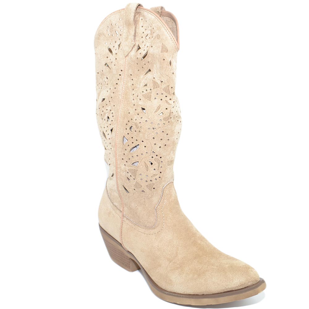 Stivali donna camperos texani stile western beige con gambale traforato ...