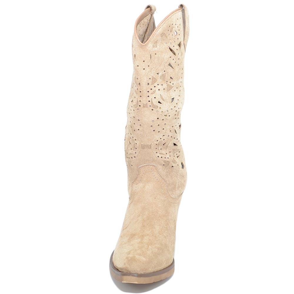 Stivali donna camperos texani stile western beige con gambale traforato ...