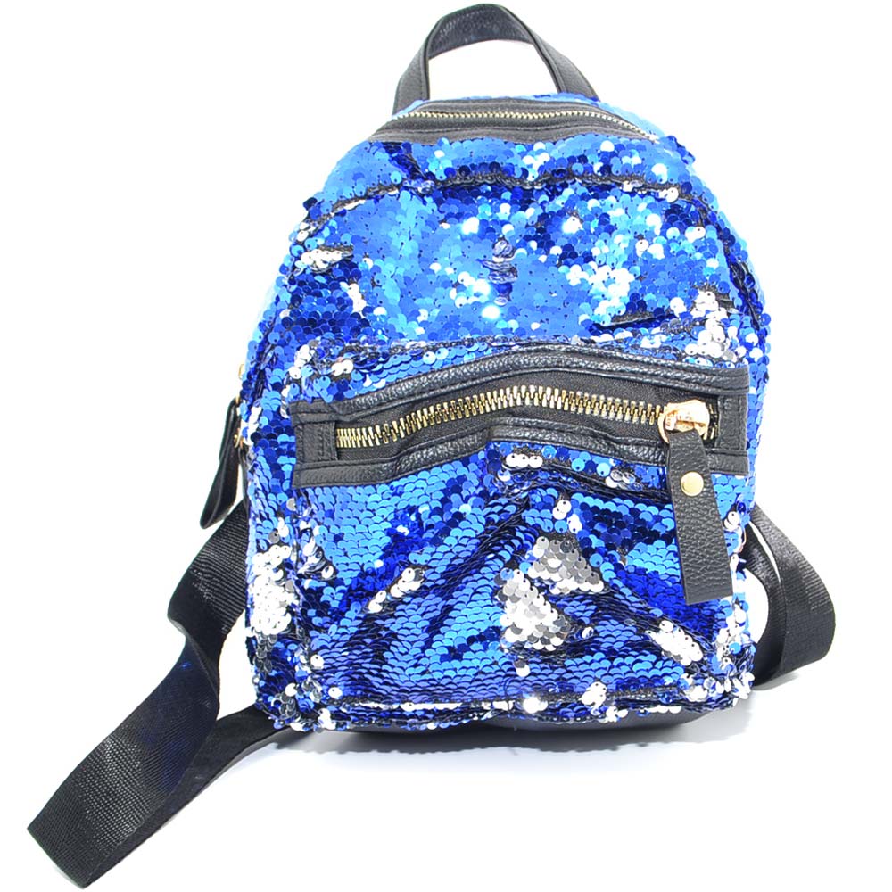 Mini zaino da donna versione pochette in paillettes reversibili blu ...