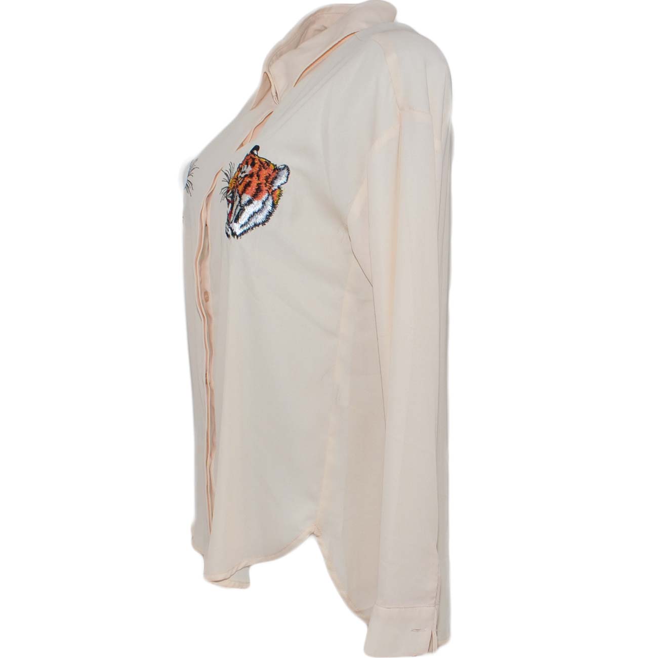 Camicia donna nude beige velata in viscosa con stemmi di tigre cucite ...