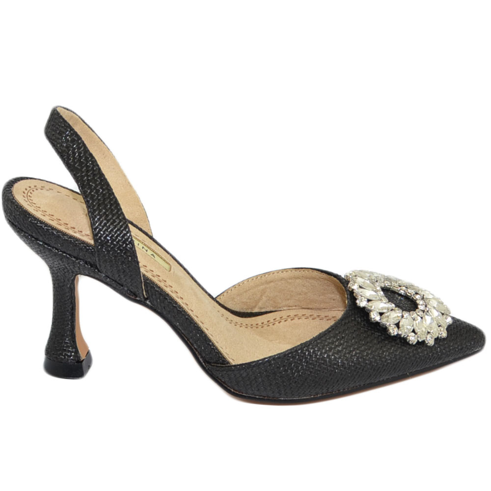 Scarpe decollete donna gioiello fiore in punta satinato nero tacco 9 ...