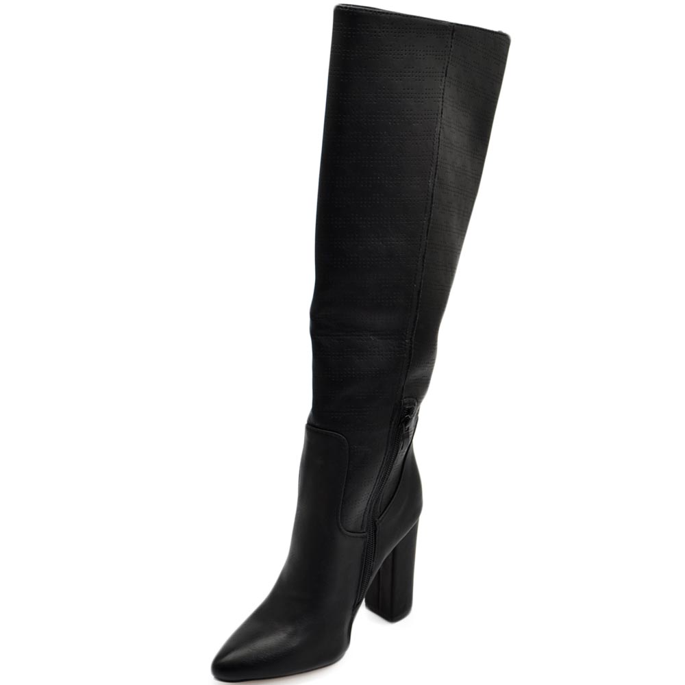Stivale donna alto rigido in pelle nero traforato tacco largo liscio ...