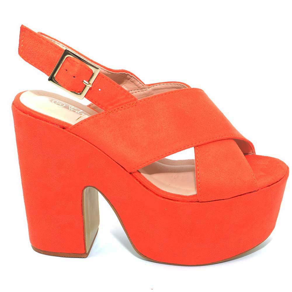 Zeppe platform rosso corallo donna con tacco spezzato fascia incrociata ...