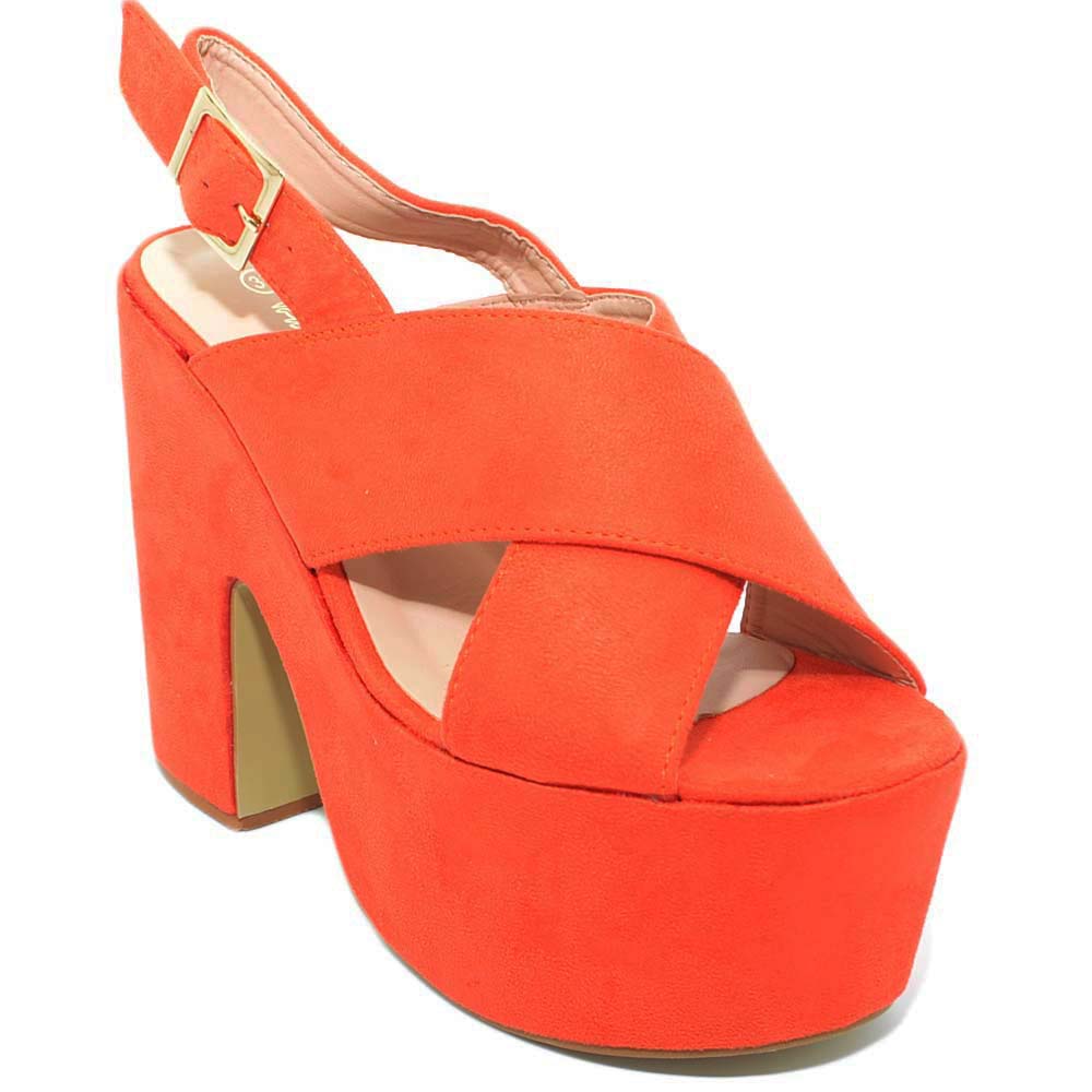 Zeppe platform rosso corallo donna con tacco spezzato fascia incrociata ...