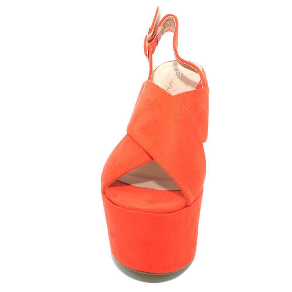 Zeppe platform rosso corallo donna con tacco spezzato fascia incrociata ...