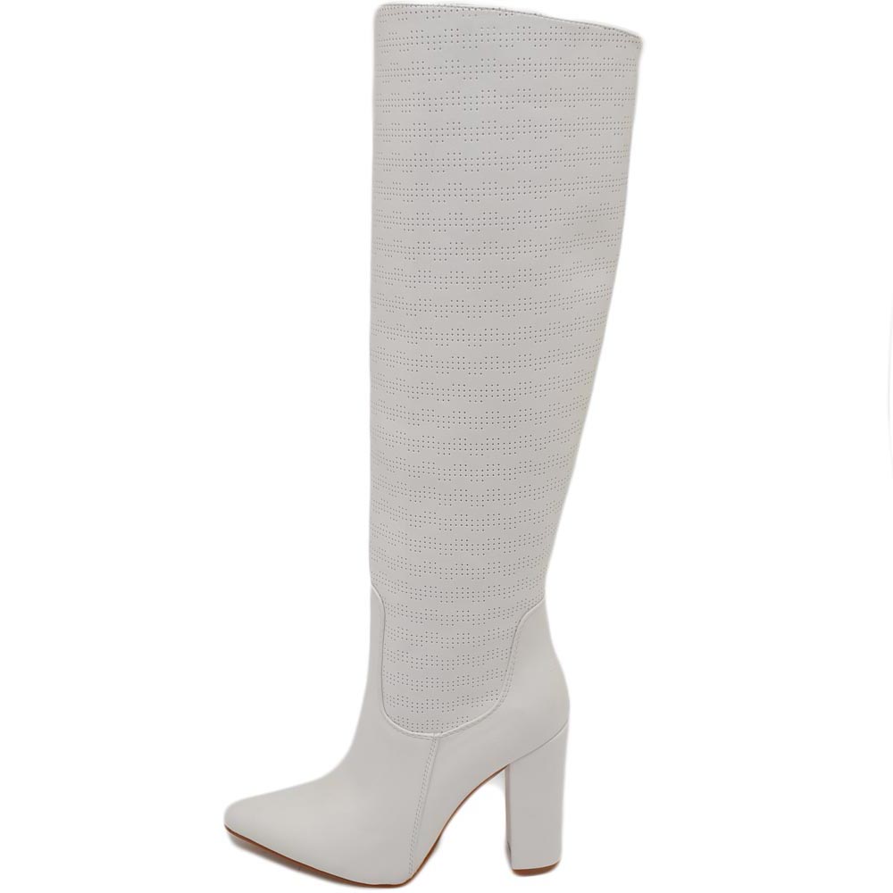 Stivale donna alto rigido in pelle bianco traforato tacco largo liscio ...