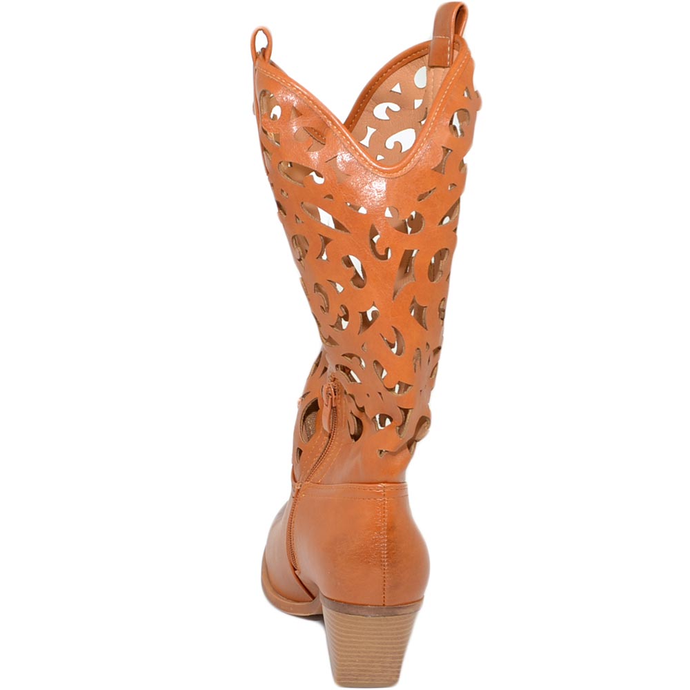 Stivali donna camperos texani stile western cuoio con gambale traforato ...