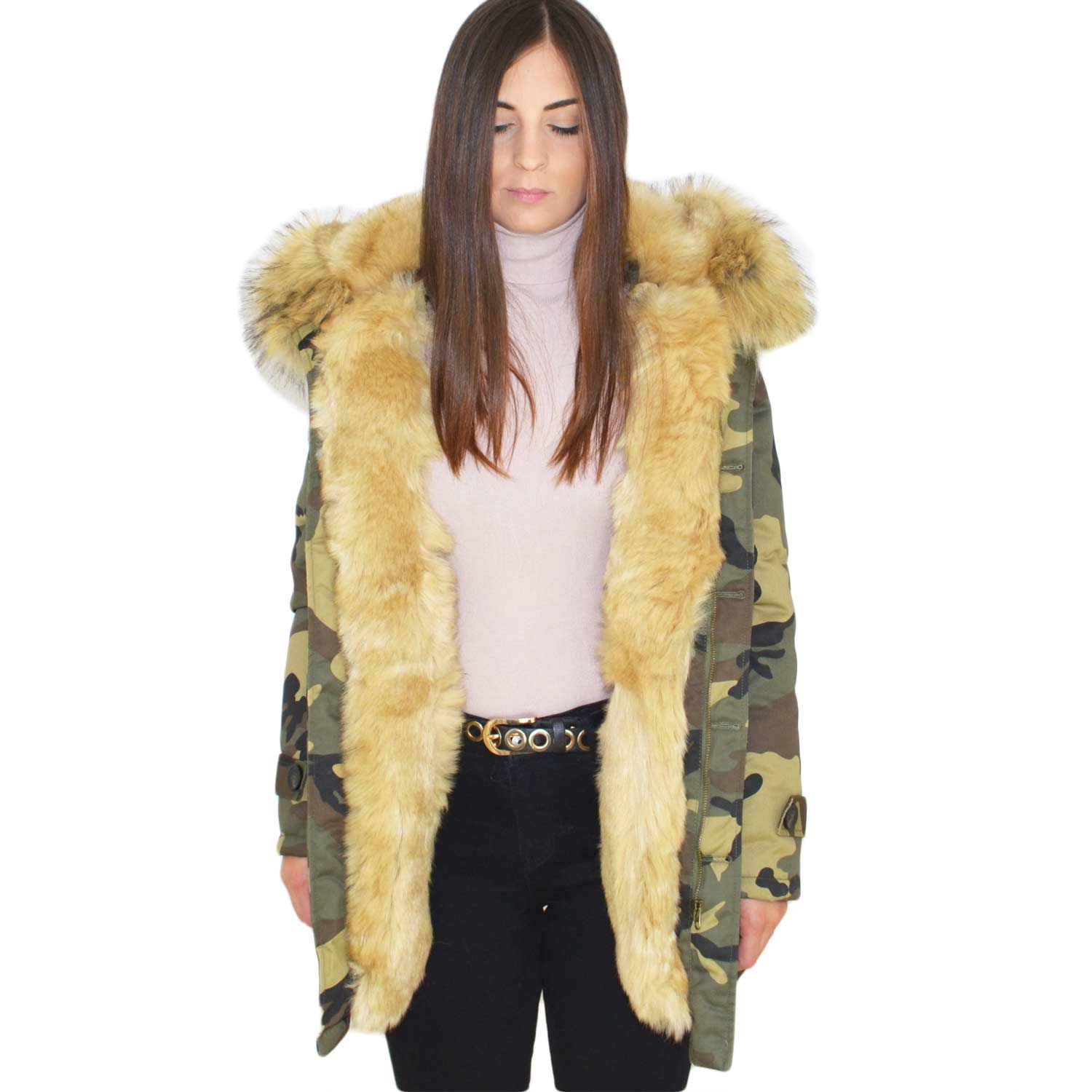 Parka giacca donna invernale mimetico camouflage verde con pelliccia ...