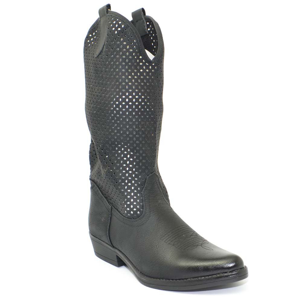 Stivali donna camperos texani stile western neri con gambale traforato ...