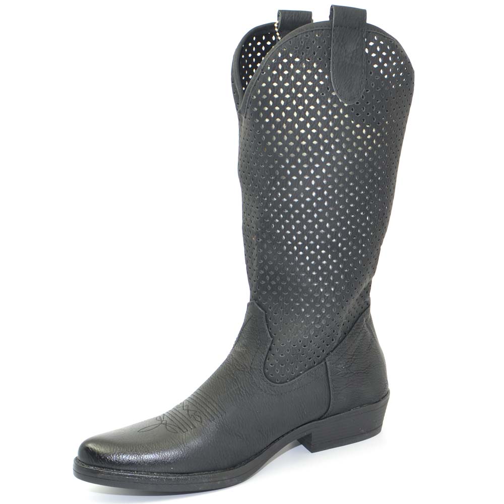 Stivali donna camperos texani stile western neri con gambale traforato ...