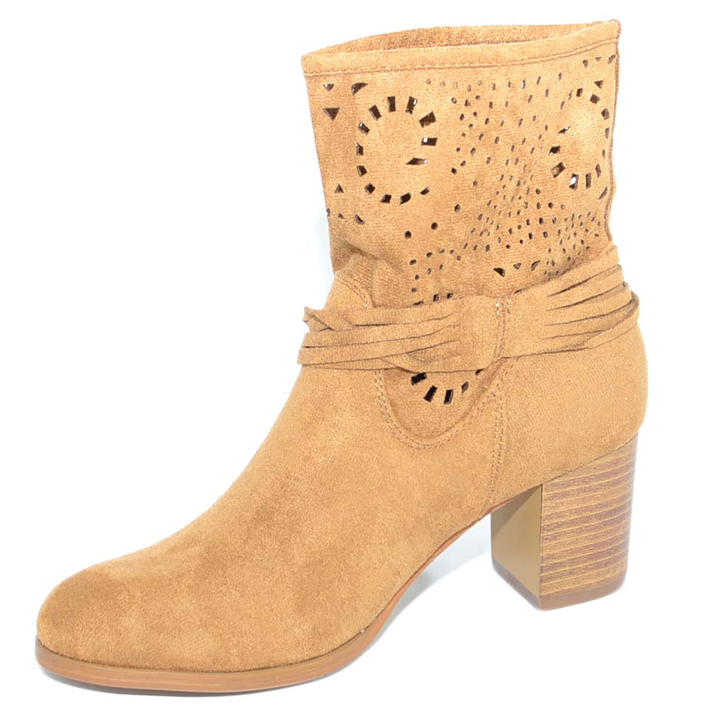 Tronchetto donna estivo cuoio marrone traforato con tacco in legno ...