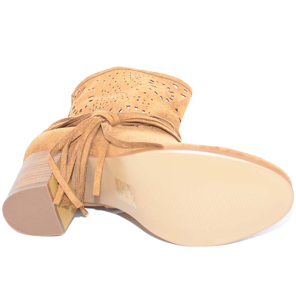 Tronchetto donna estivo cuoio marrone traforato con tacco in legno ...