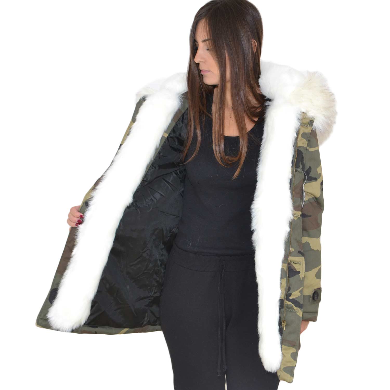 Parka giacca donna invernale mimetico camouflage verde con pelliccia ...