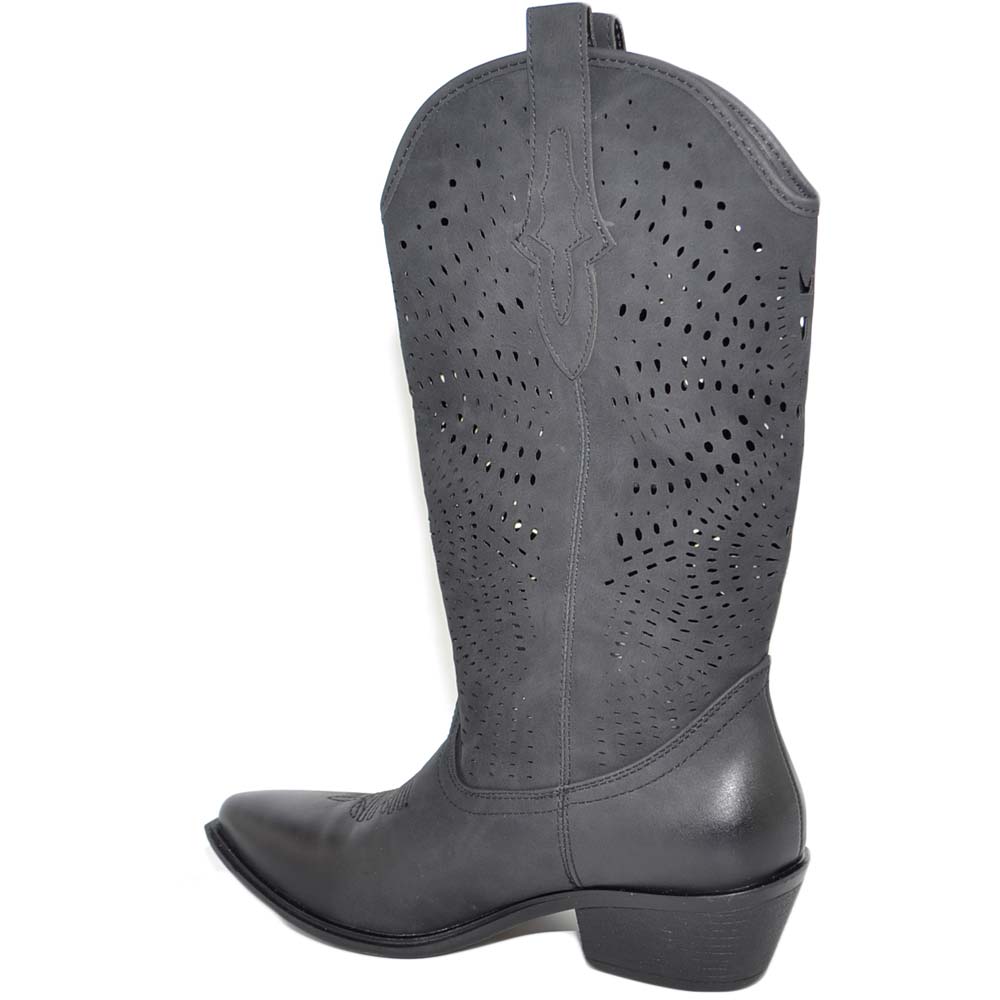 Stivali donna camperos texani stile western neri con gambale traforato ...