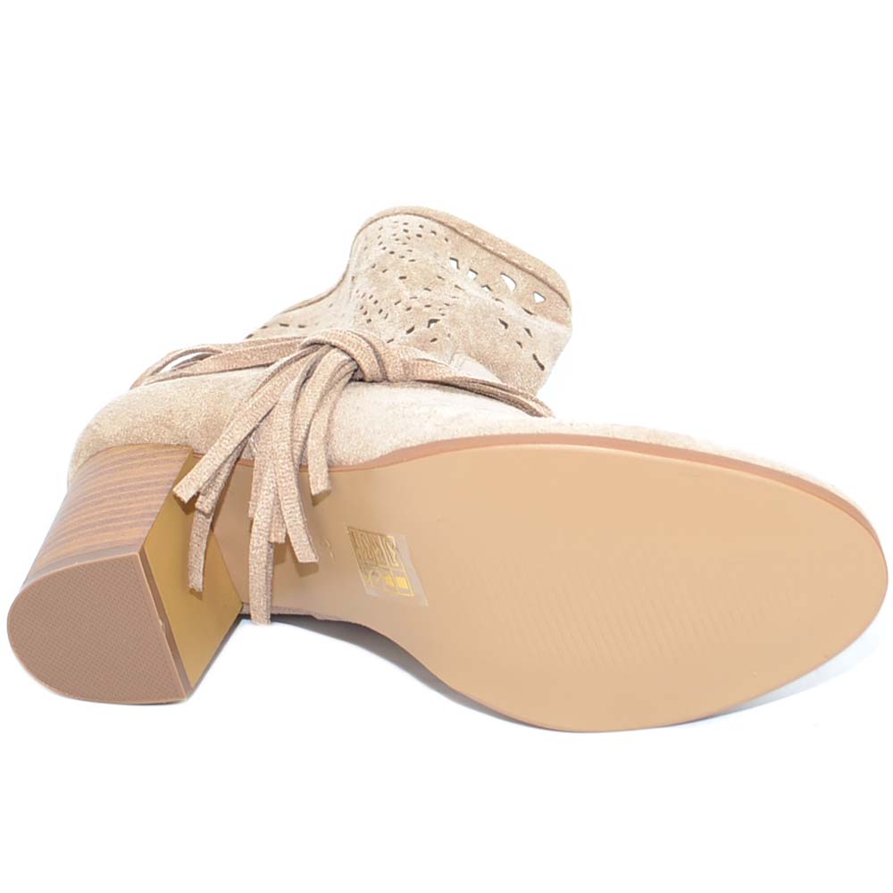 Tronchetto donna estivo beige nude traforato con tacco in legno grosso ...